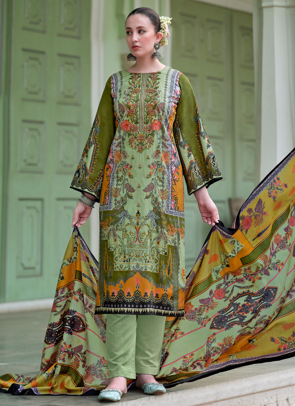 Shop Green Cotton Digital Print and Embroidered Work Pant Style Suit ...