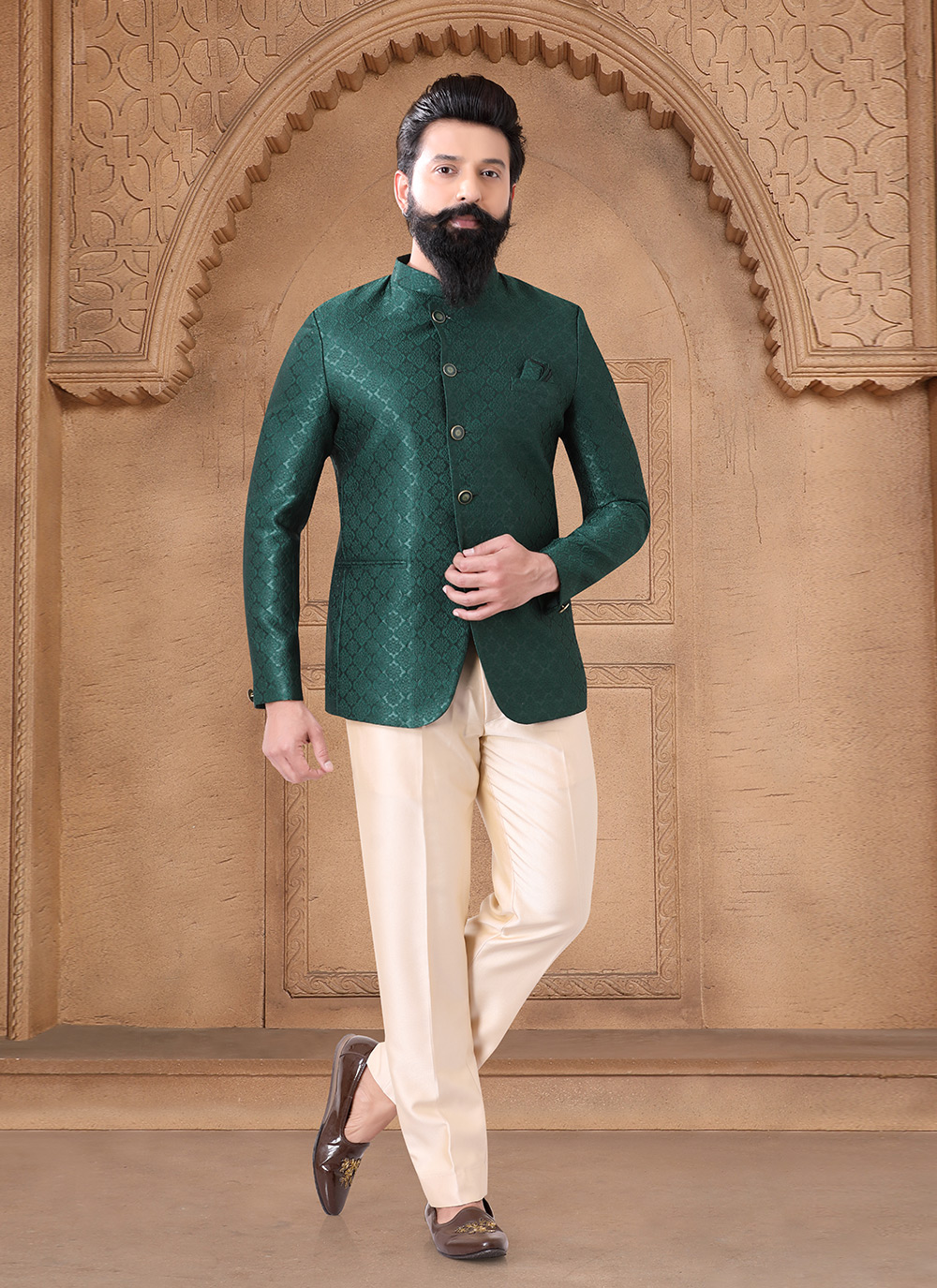 Green Jacquard Jodhpuri Suit with Print Work for Men Buy Online