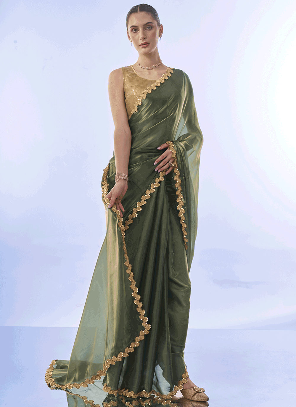 Green JIMMY CHU Contemporary Saree with Patch Border, Cut and Lace Work ...