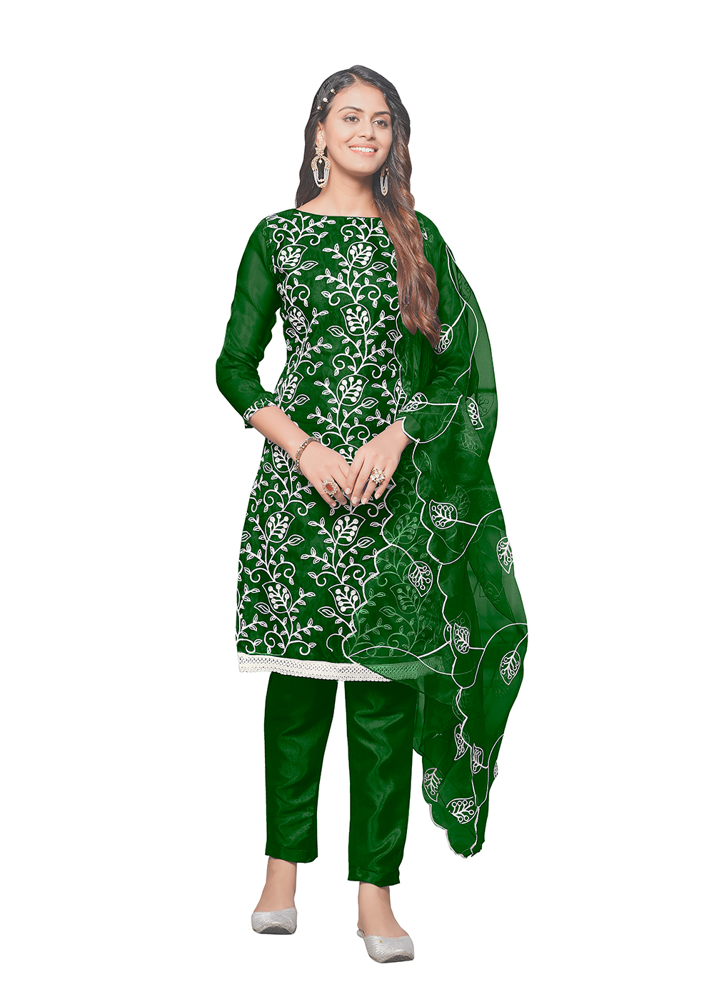 Buy Green Organza Embroidered Work Pant Style Suit : 277944