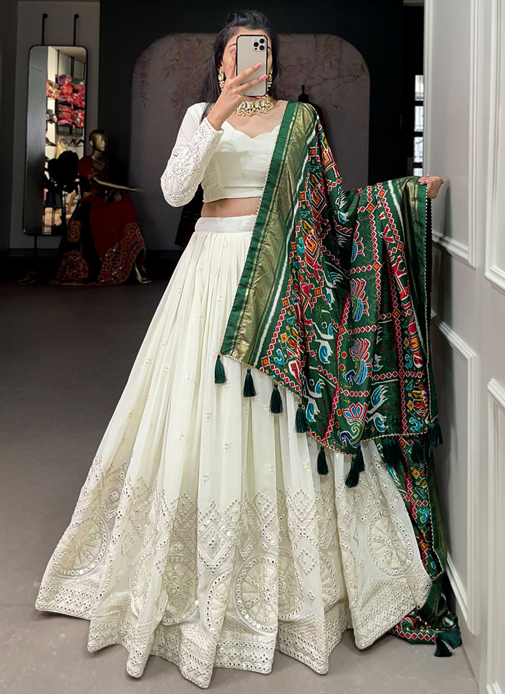 Buy Lucknowi Work and Mirror Work Georgette Lehenga Choli In Off White ...