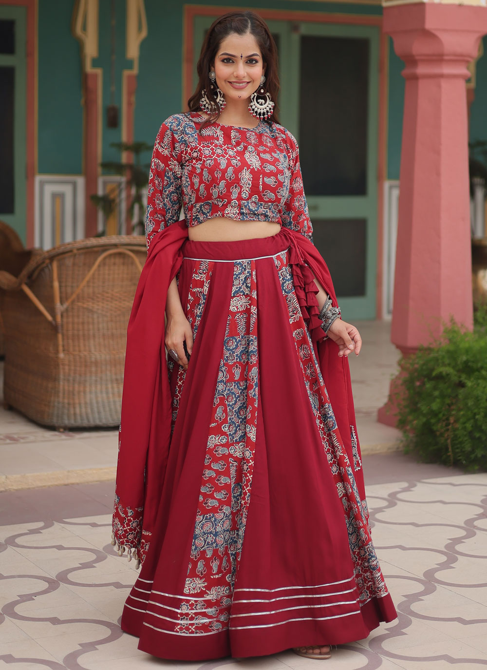 Shop Maroon and Rani Rayon Readymade Lehenga Choli with Online : 297675
