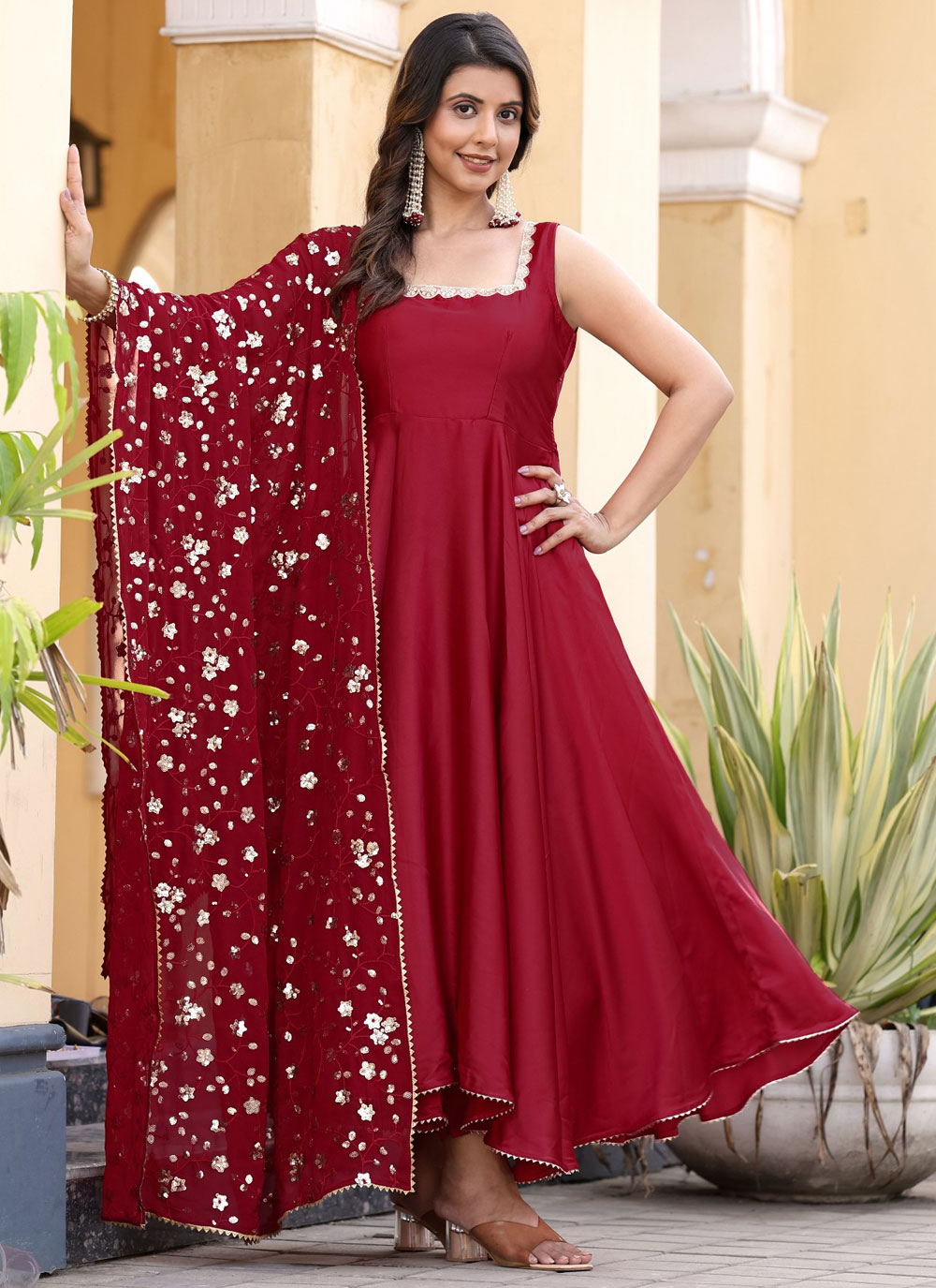 Maroon and Rani Satin Silk Patch Border and Lace Work Gown for ...