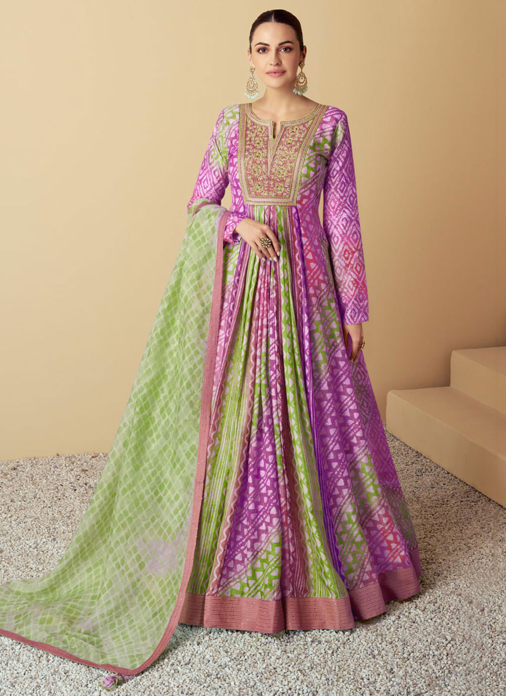 Shop Online Muslin Gown In Green and Lavender : 304717