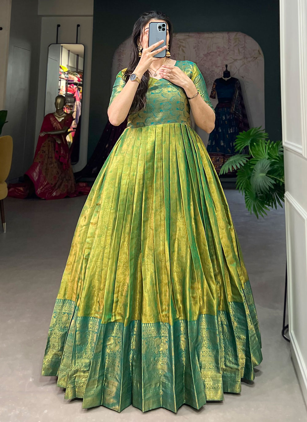 Shop Online Mystical Green Kanjivaram Silk Gown : 287114