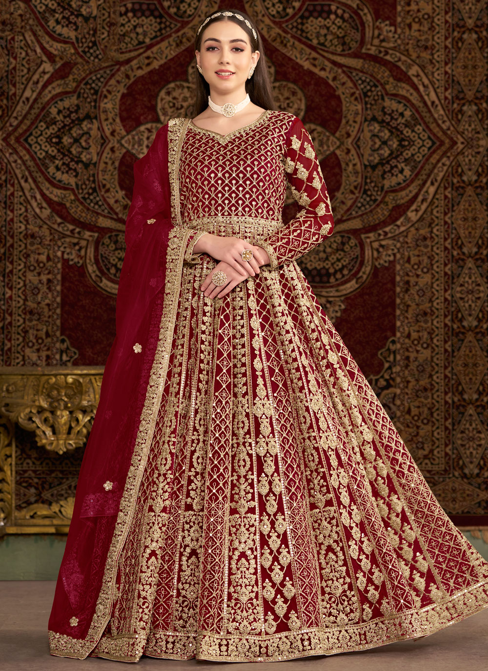 Shop Online Net Gown In Maroon and Rani : 302897