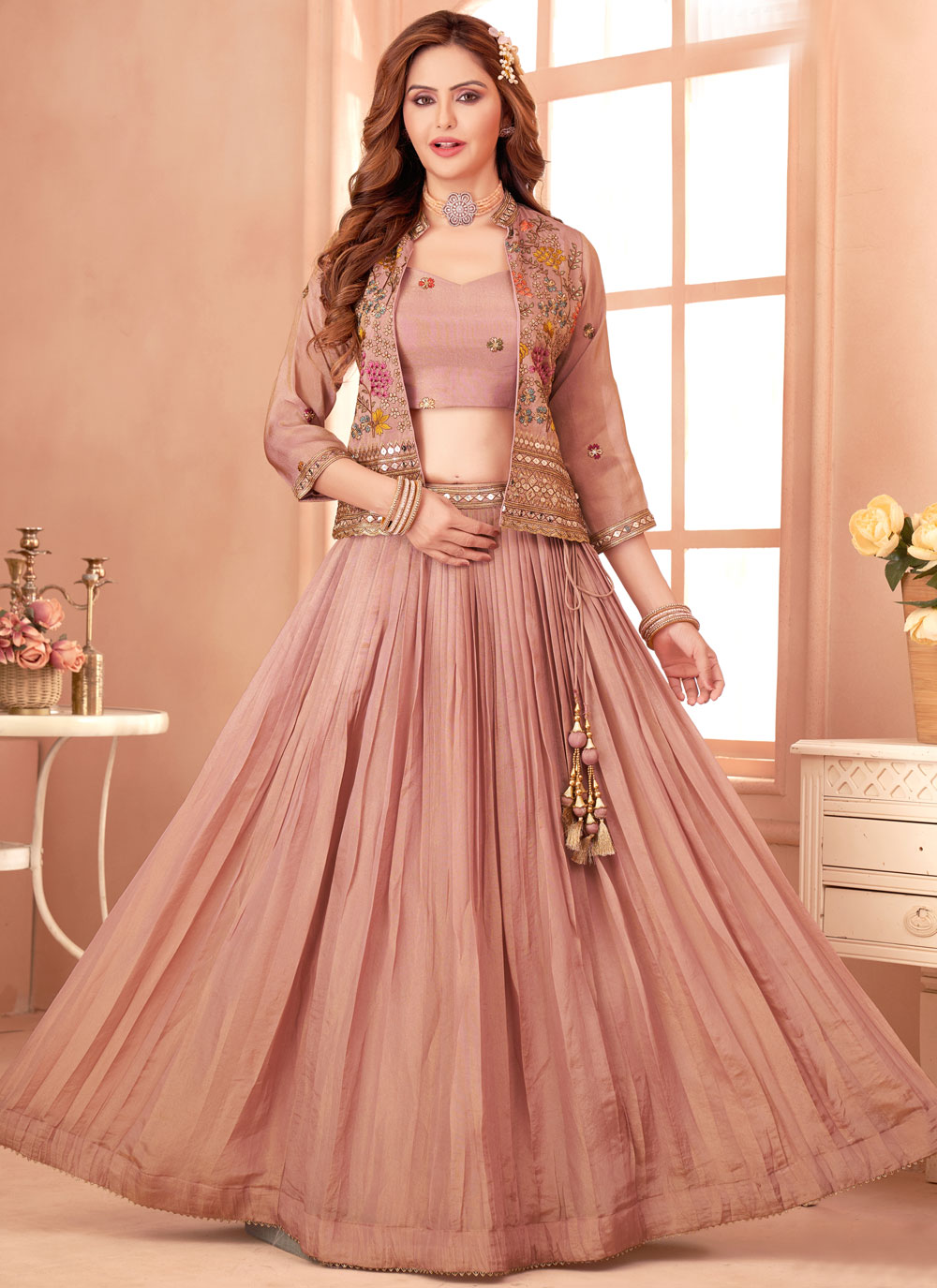 Shop Peach and Rust Silk Readymade Lehenga Choli with Online : 304651