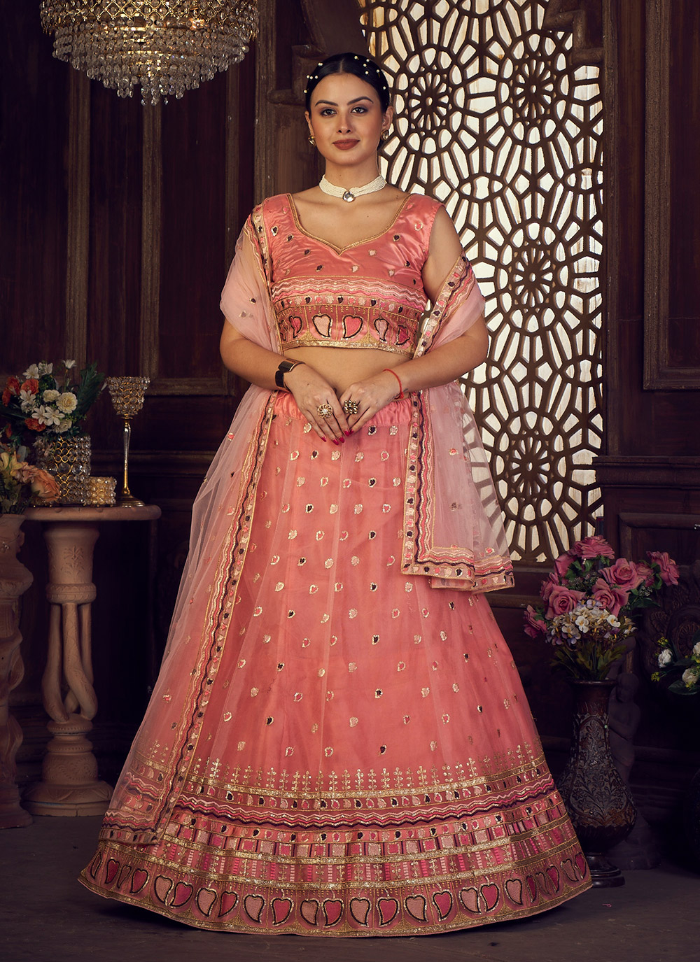 Shop Peach Net A - Line Lehenga Choli with Embroidered Work for ...