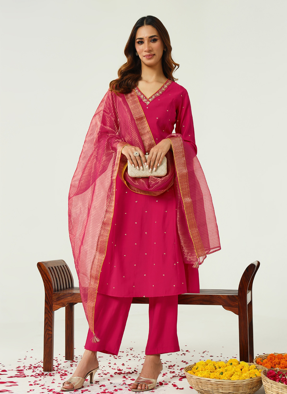 Buy Pink Chanderi Embroidered Work Pant Style Suit Online