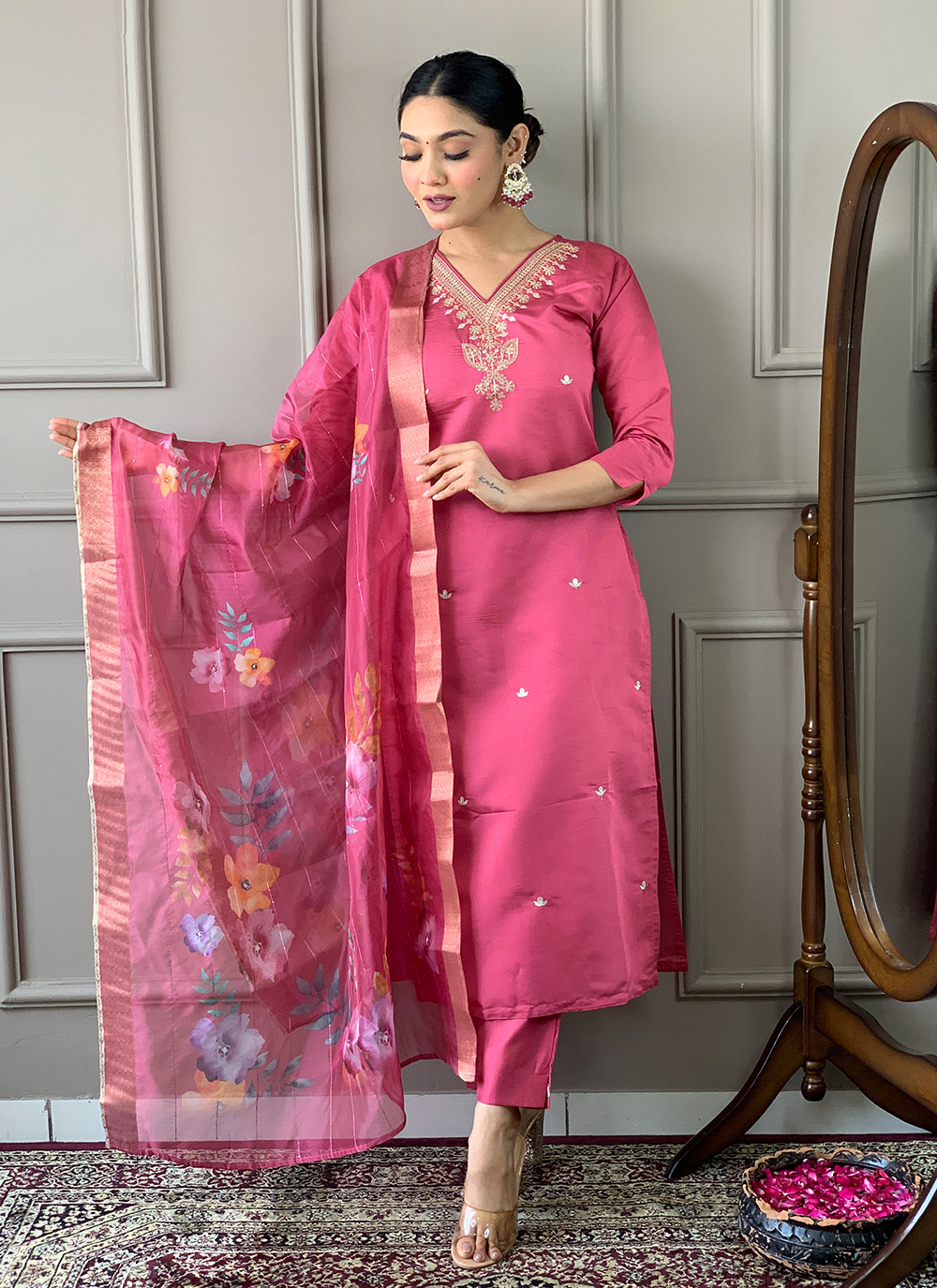 Buy Pink Chanderi Embroidered Work Pant Style Suit for Ceremonial ...