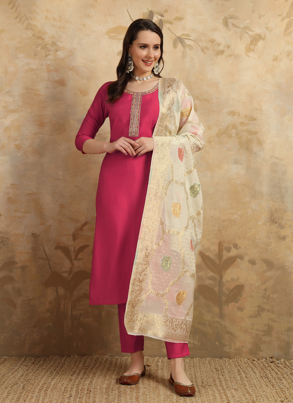 Buy Online Pink Chanderi Embroidered Work Pant Style Suit for Women ...