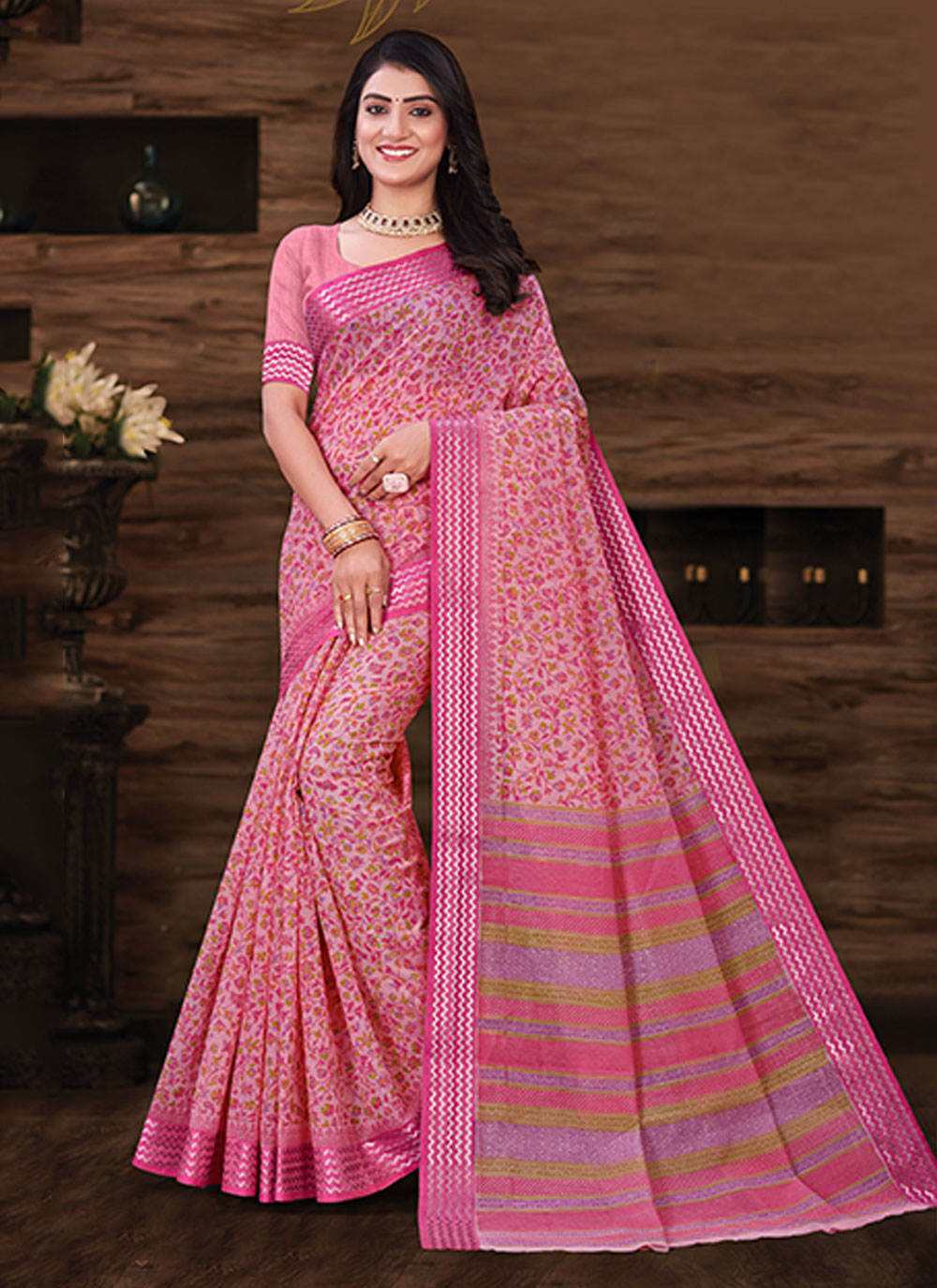Shop Pink Cotton Classic Sari with Digital Print Work Online : 283161