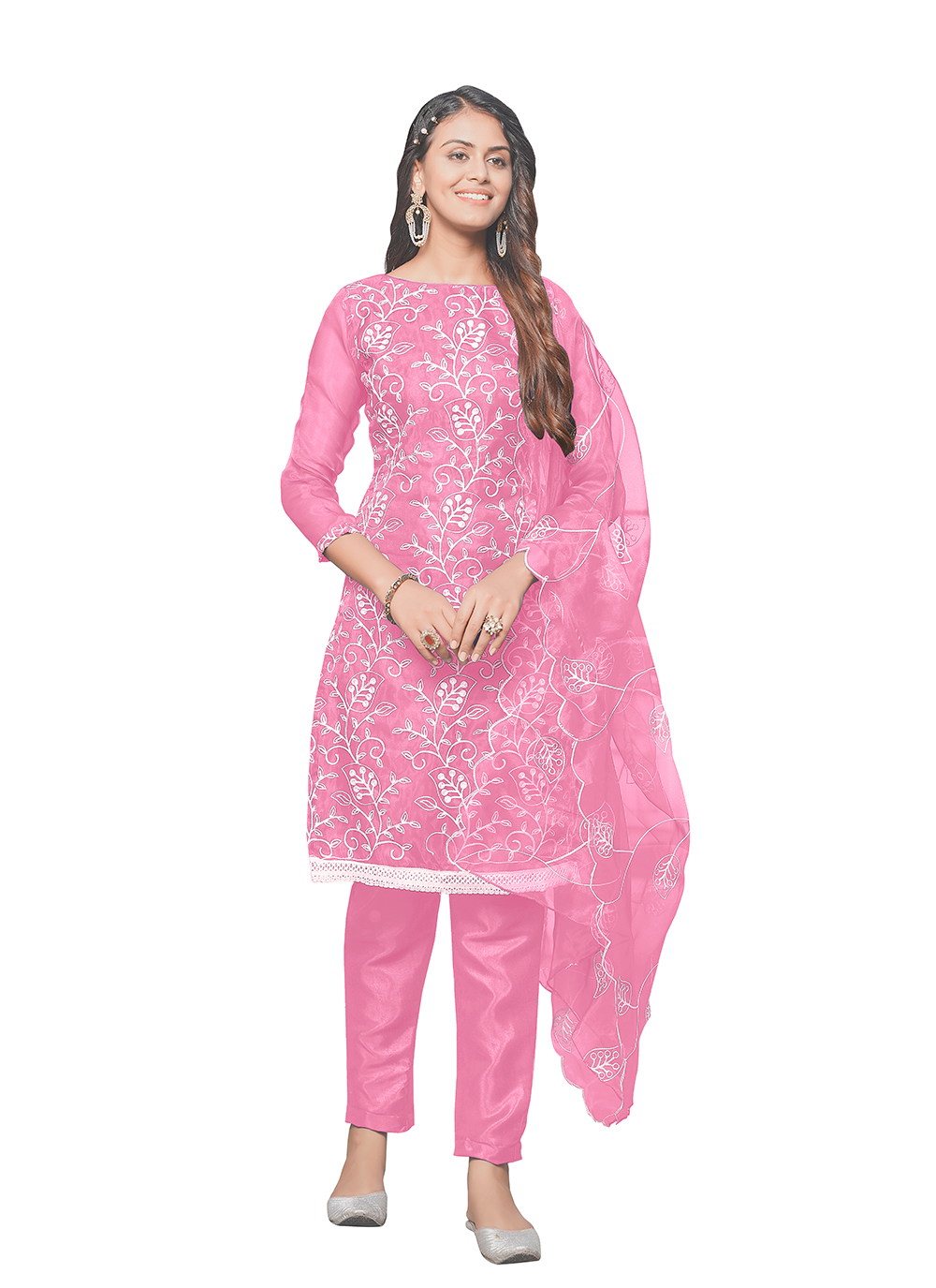 Buy Pink Organza Embroidered Work Pant Style Suit for Women Online ...