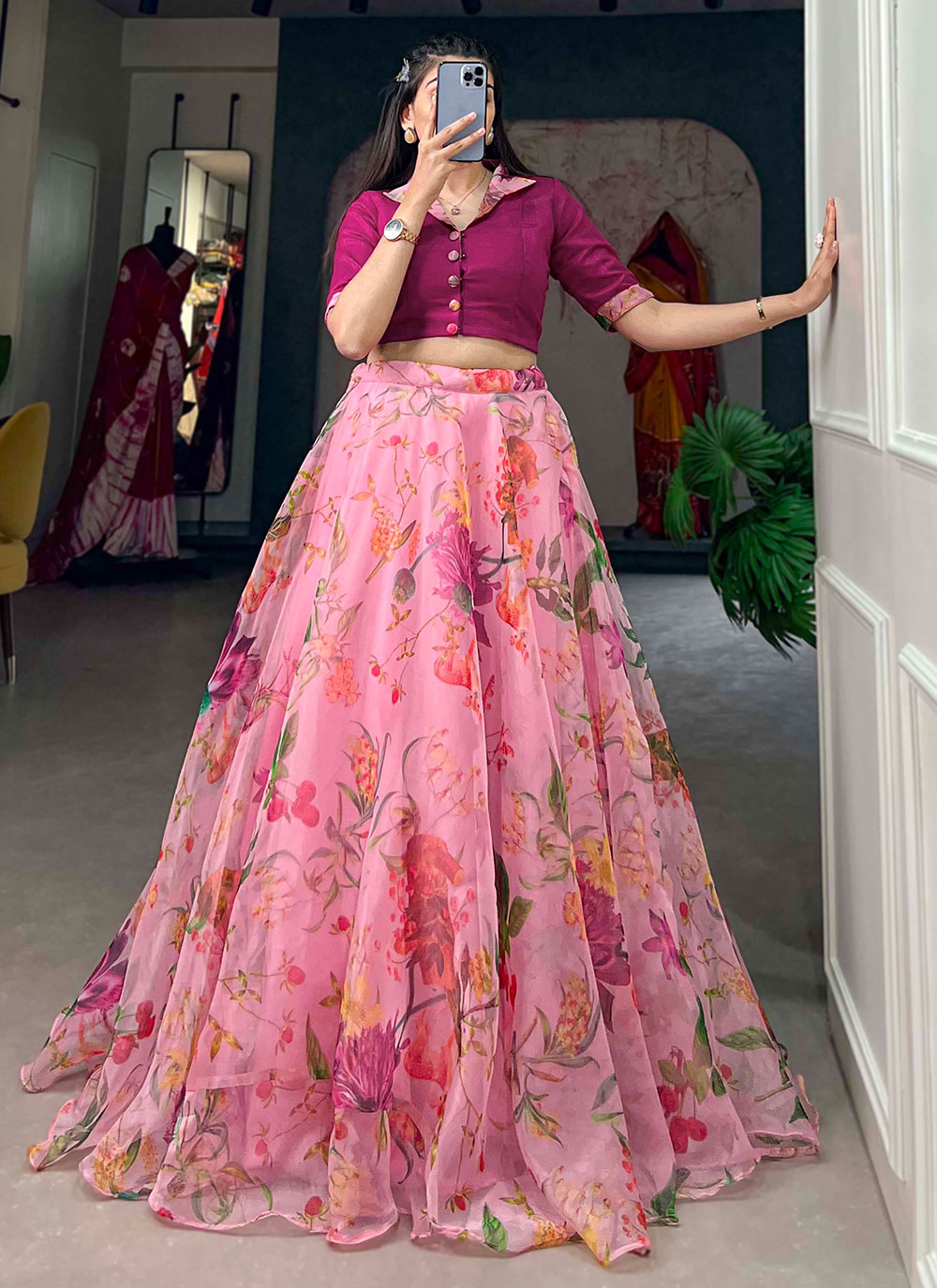 Shop Pink Organza Lehenga Choli Online : 287567