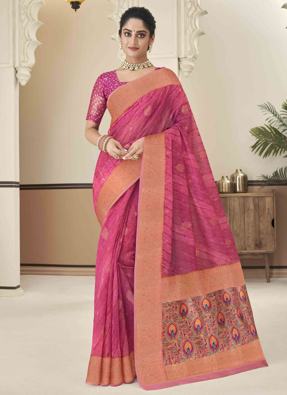 Buy Pink Silk Bandhej and Woven Work Classic Sari for Ceremonial Online ...