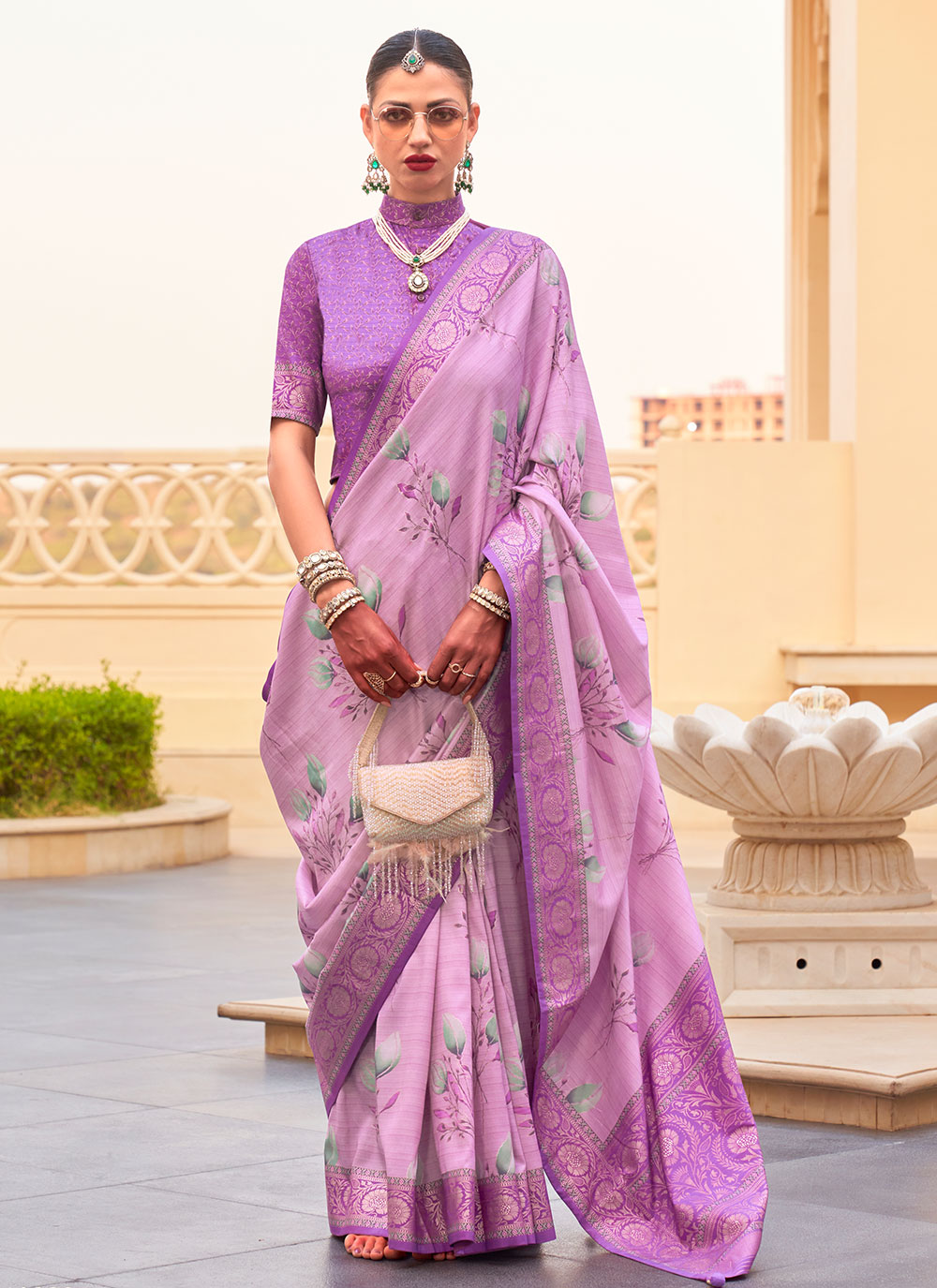 Buy Pink Silk Floral Patch Work Classic Saree Online : 288282