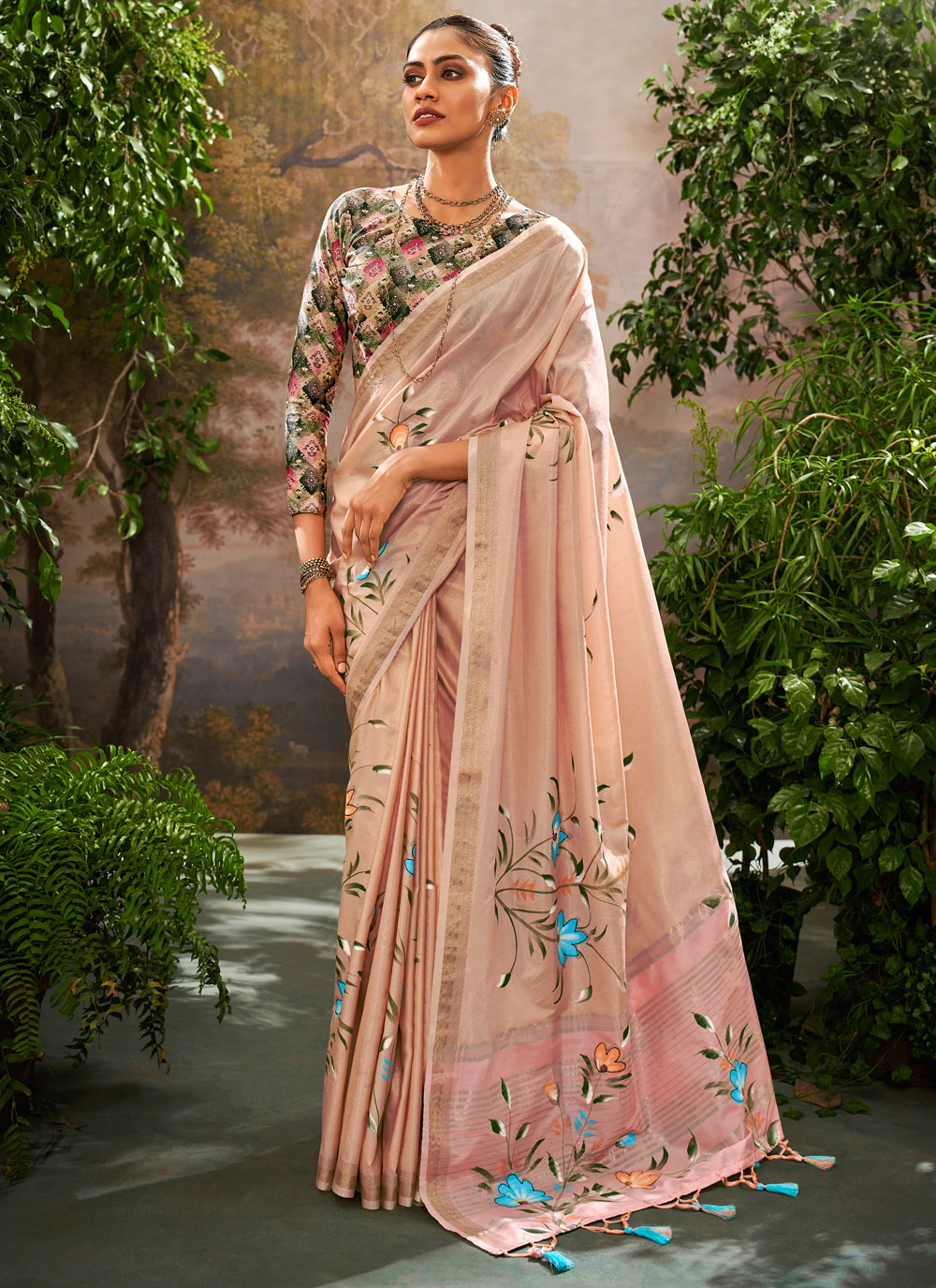 Buy Print Work Linen Trendy Saree In Pink for Ceremonial Online : 297974