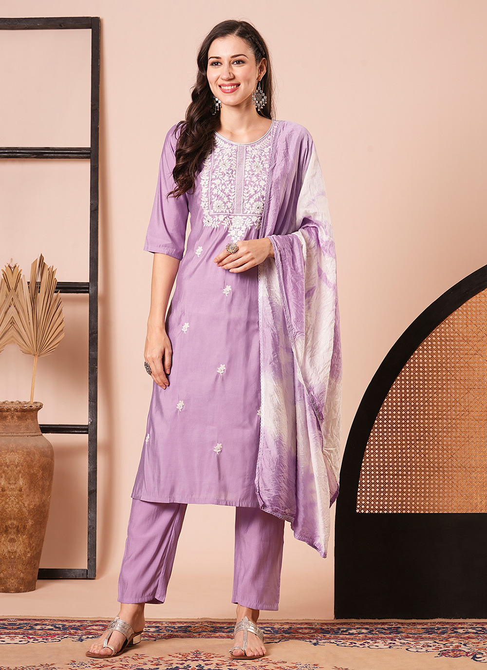 Buy Purple Chanderi Embroidered Work Pant Style Suit for Women Online