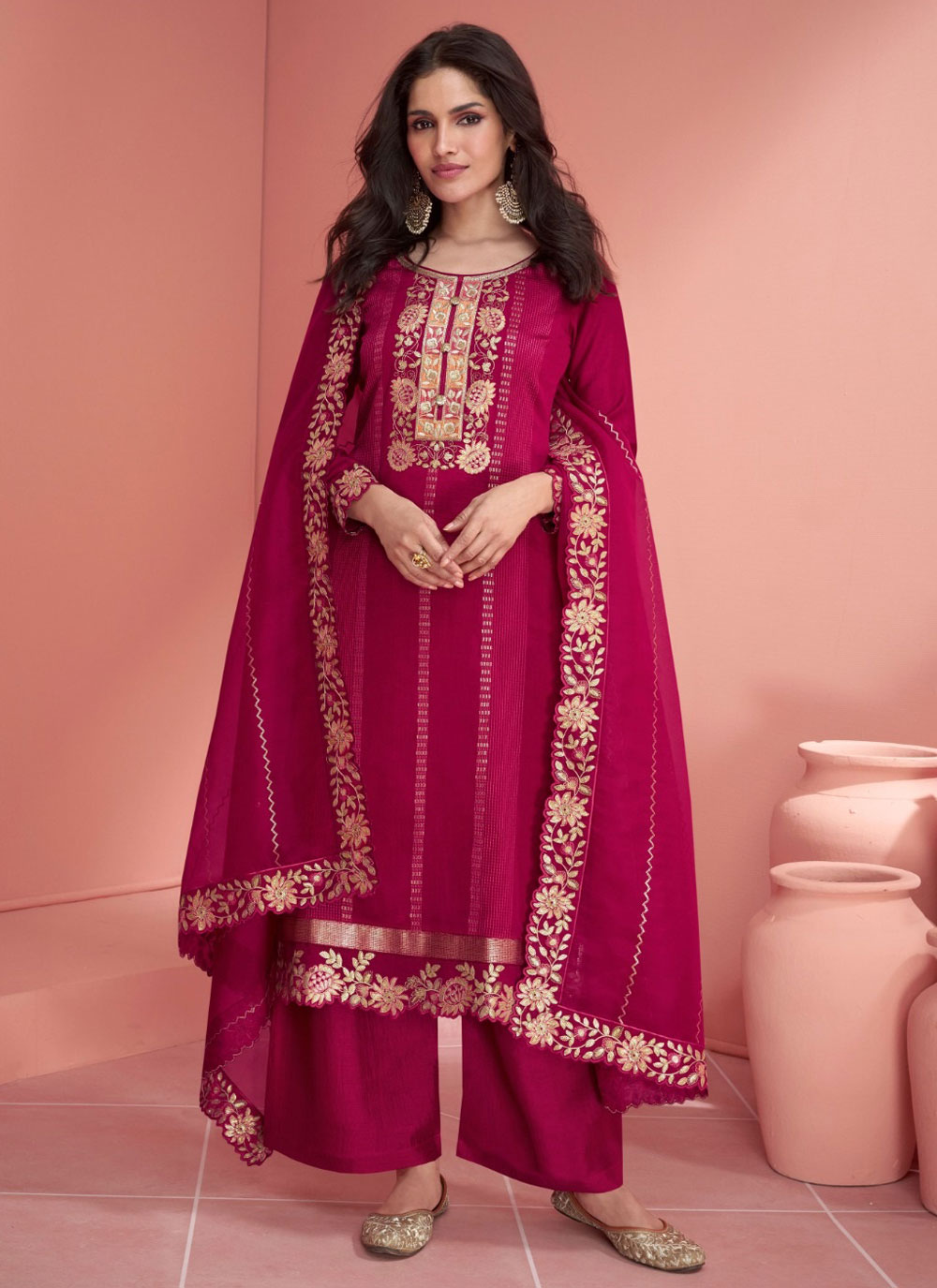 Shop Rani Silk Salwar Suit with Embroidered and Zari Work Online : 288106
