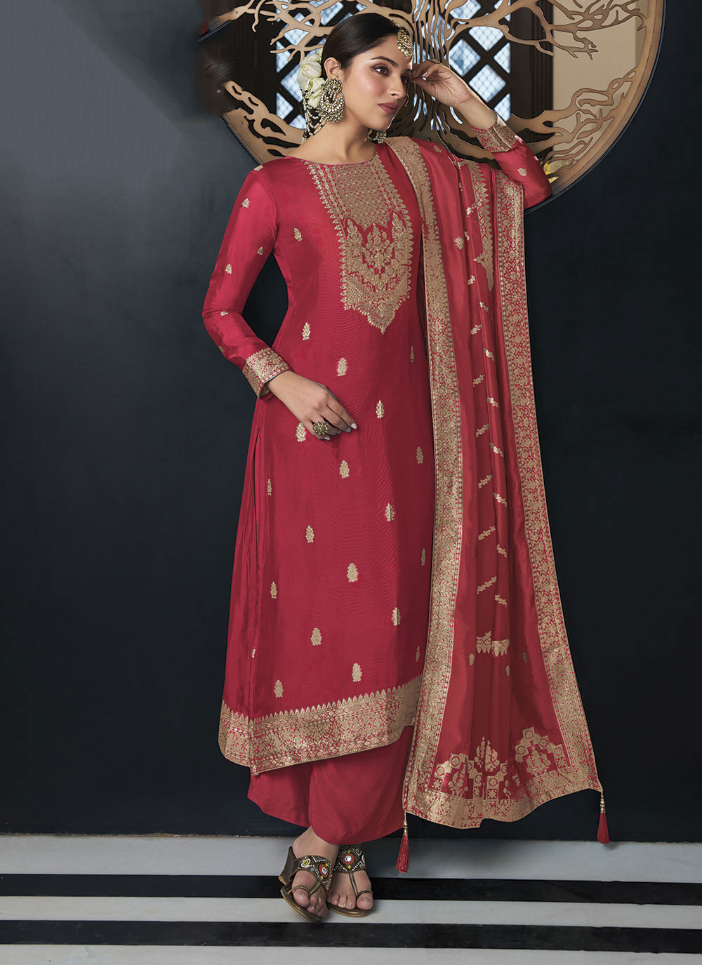 Buy Red Silk Salwar Suit with Jacquard, Woven and Zari Work Online ...