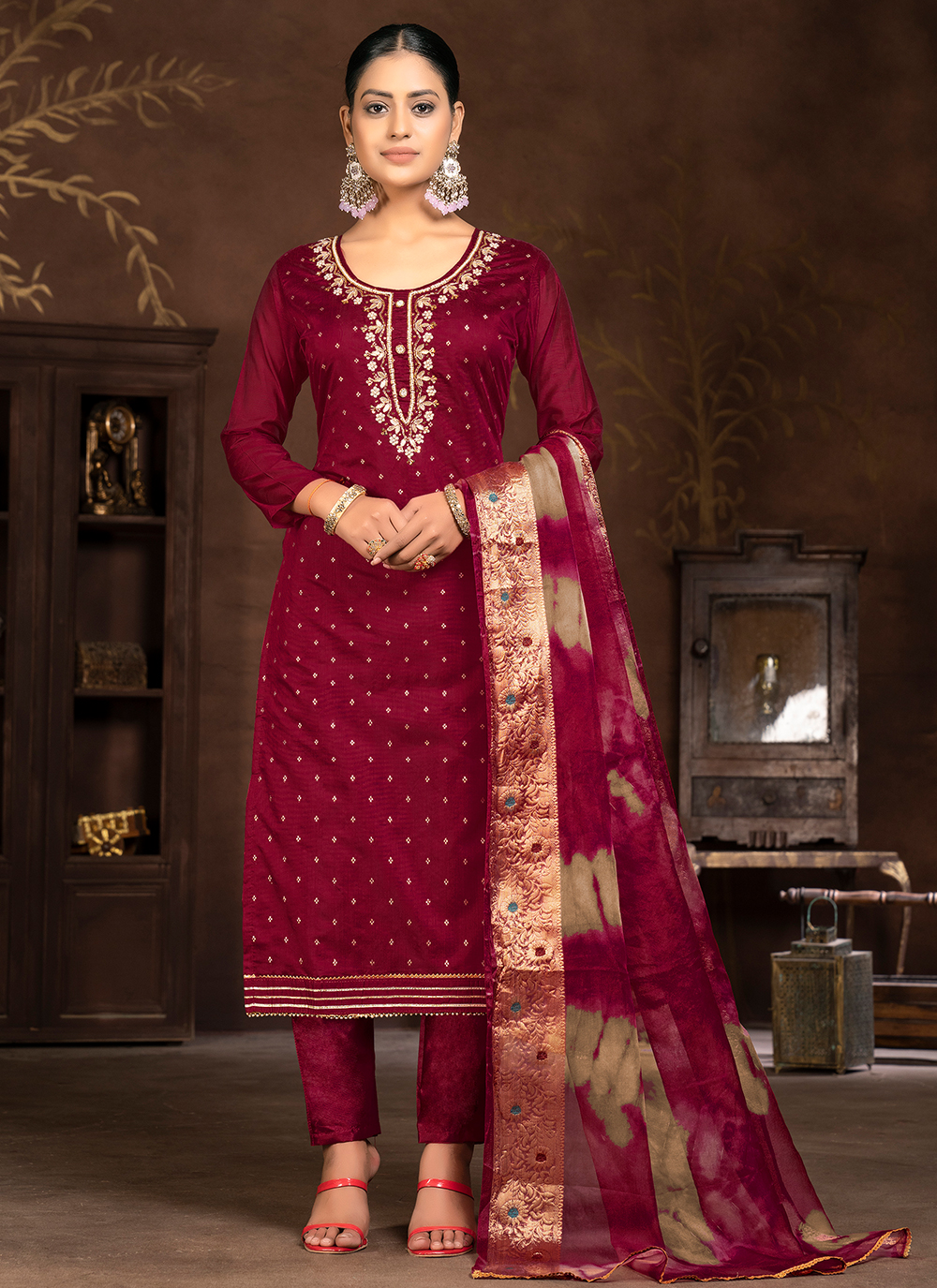Shop Savory Maroon Organza Trendy Suit with Hand and Woven Work Online ...