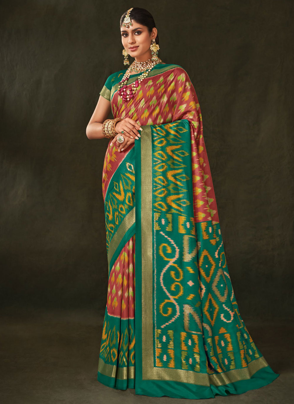 Buy Silk Classic Sari In Green and Rust : 282878