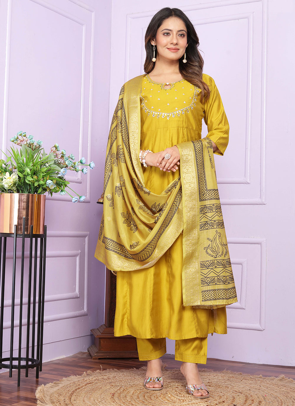 Shop Online Silk Salwar Suit In Yellow : 290709