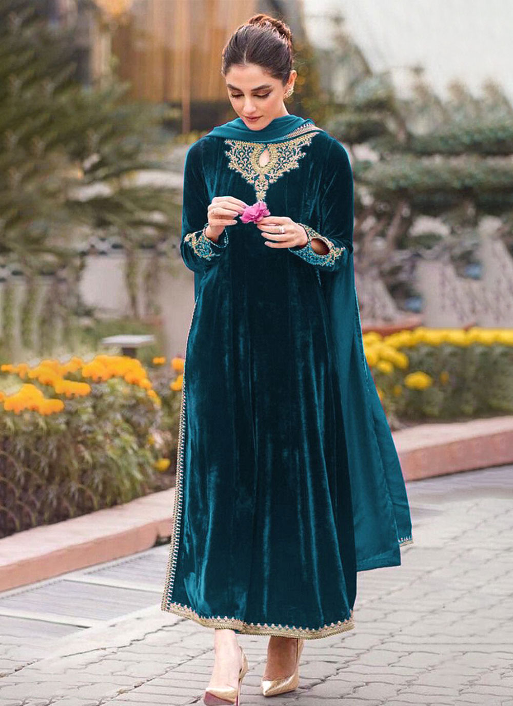 Shop Teal Velvet Embroidered Work Pant Style Suit for Ceremonial Online ...