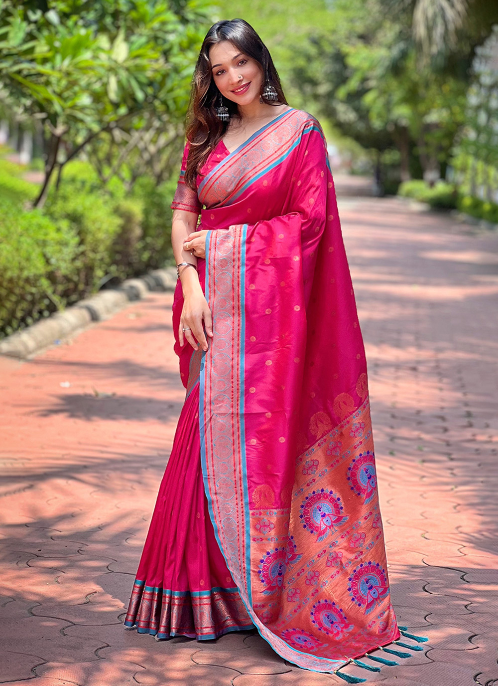 Buy Online Weaving Work Paithni Traditional Saree In Pink and Rani ...