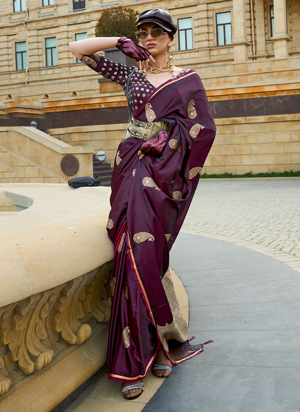 Buy Woven Work Satin Trendy Saree In Wine : 286418