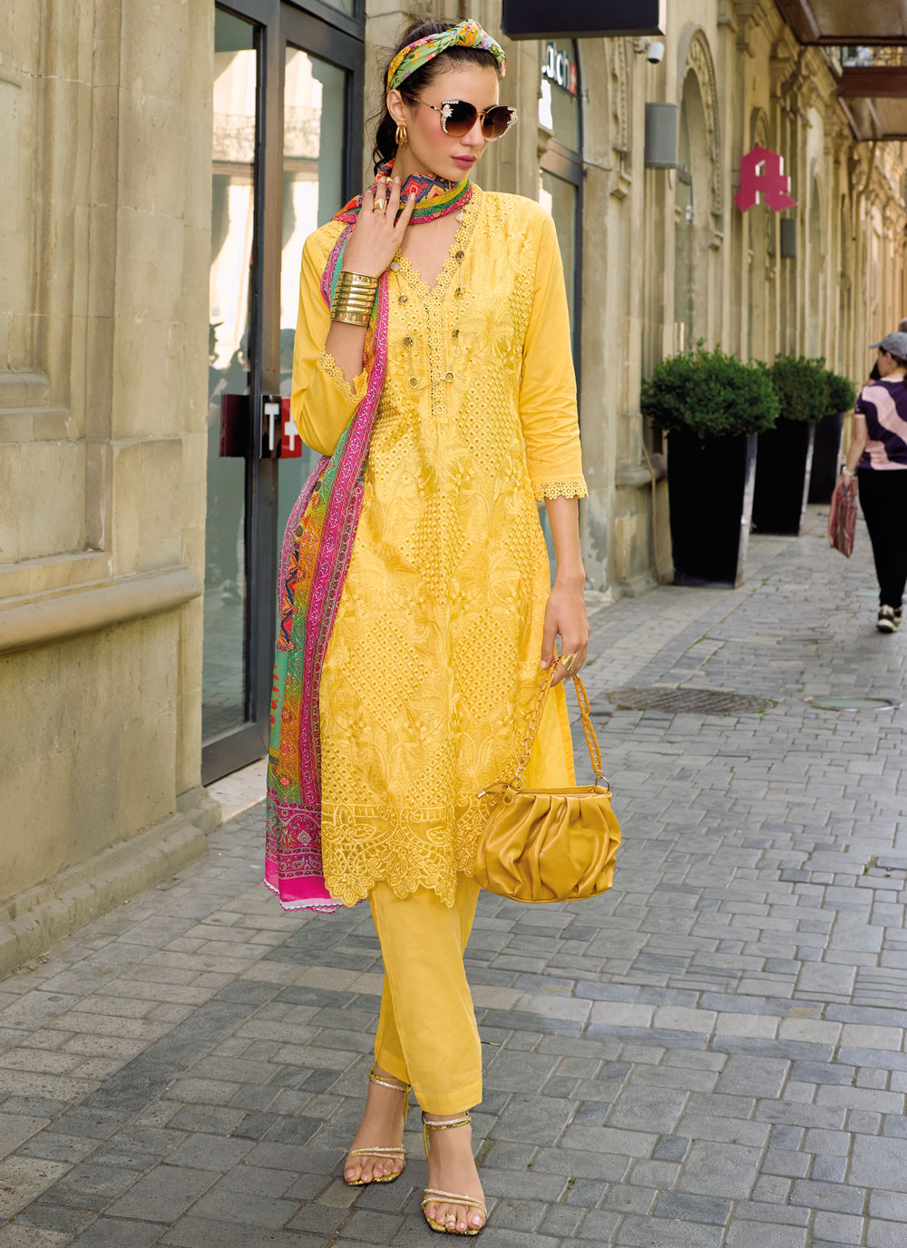 Buy Online Zesty Mustard Cotton Readymade Salwar Suit with Embroidered ...