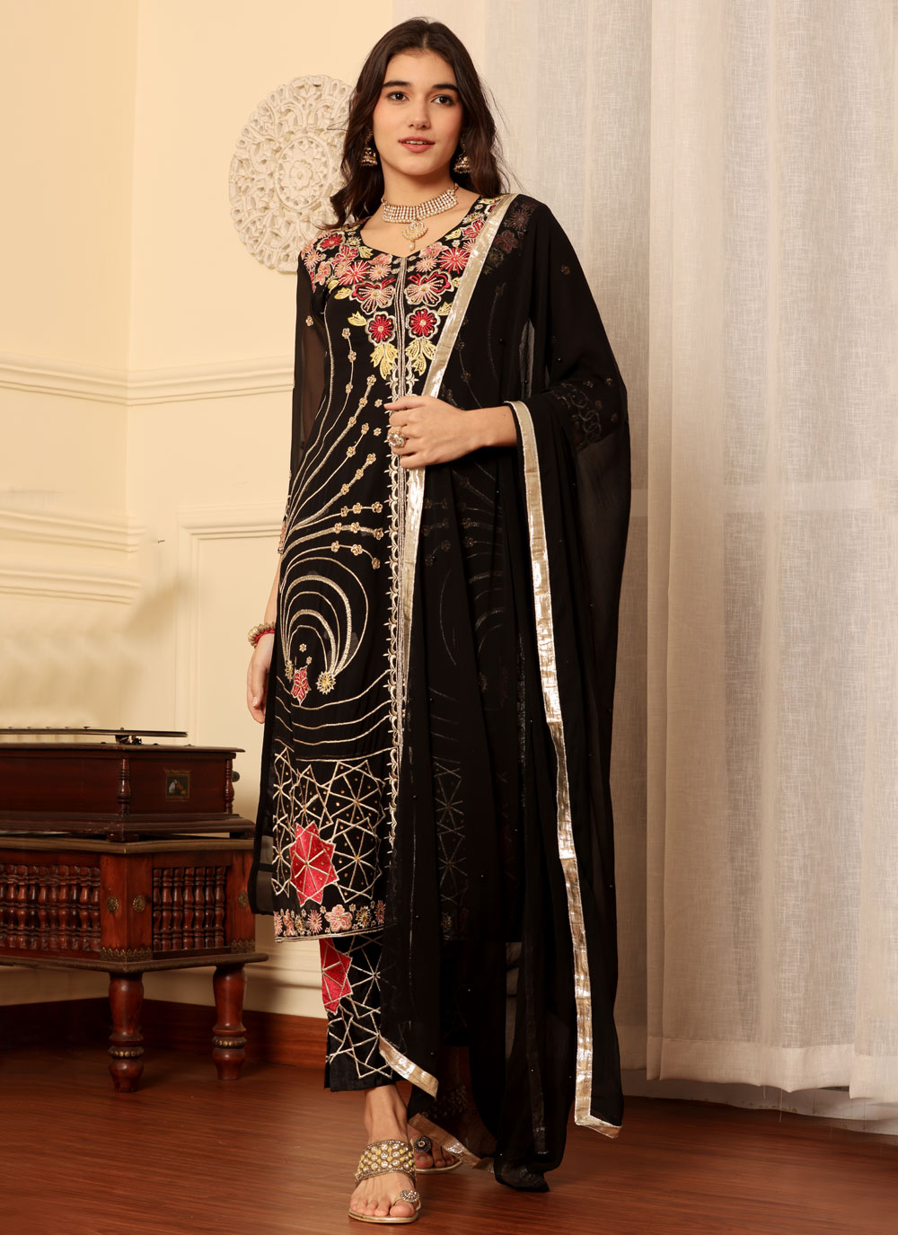 Buy Black Georgette Salwar Suit with Embroidered, Stone and Zari Work ...