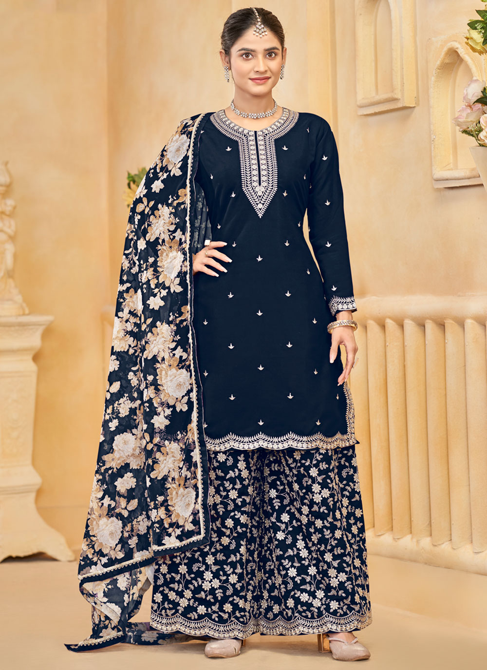 Buy Blue Silk Embroidered Work Salwar Suit Online : 310151