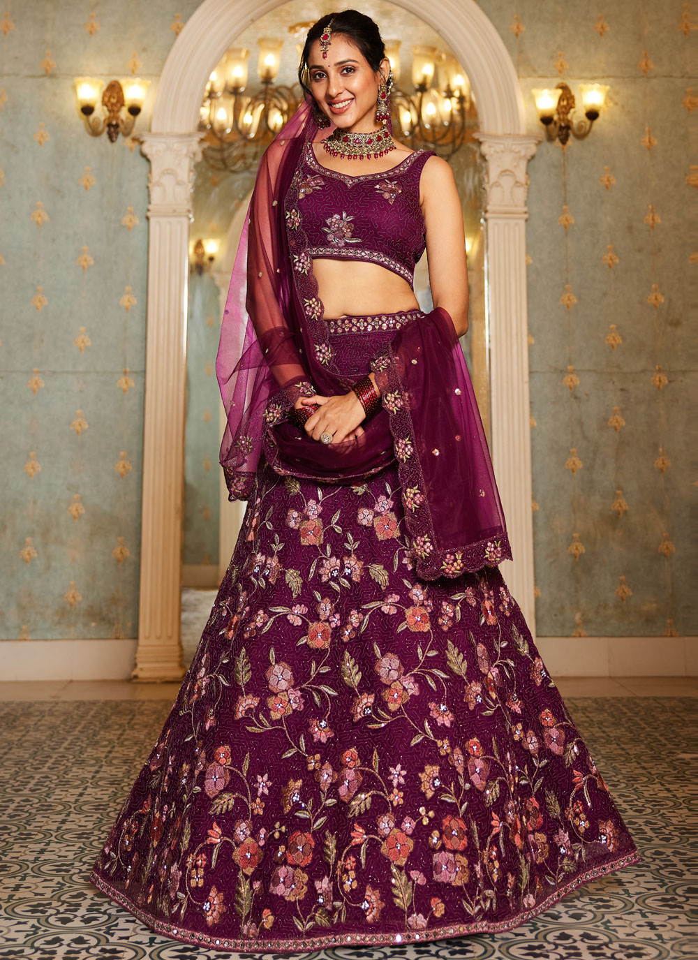Buy Burgundy Net Beads and Embroidered Work Lehenga Choli : 307766
