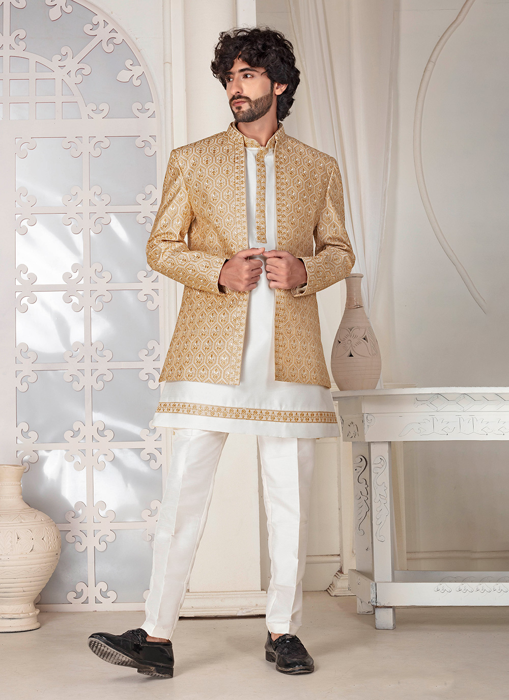 Shop Online Cream and Gold Silk Jodhpuri Suit with Embroidered and ...
