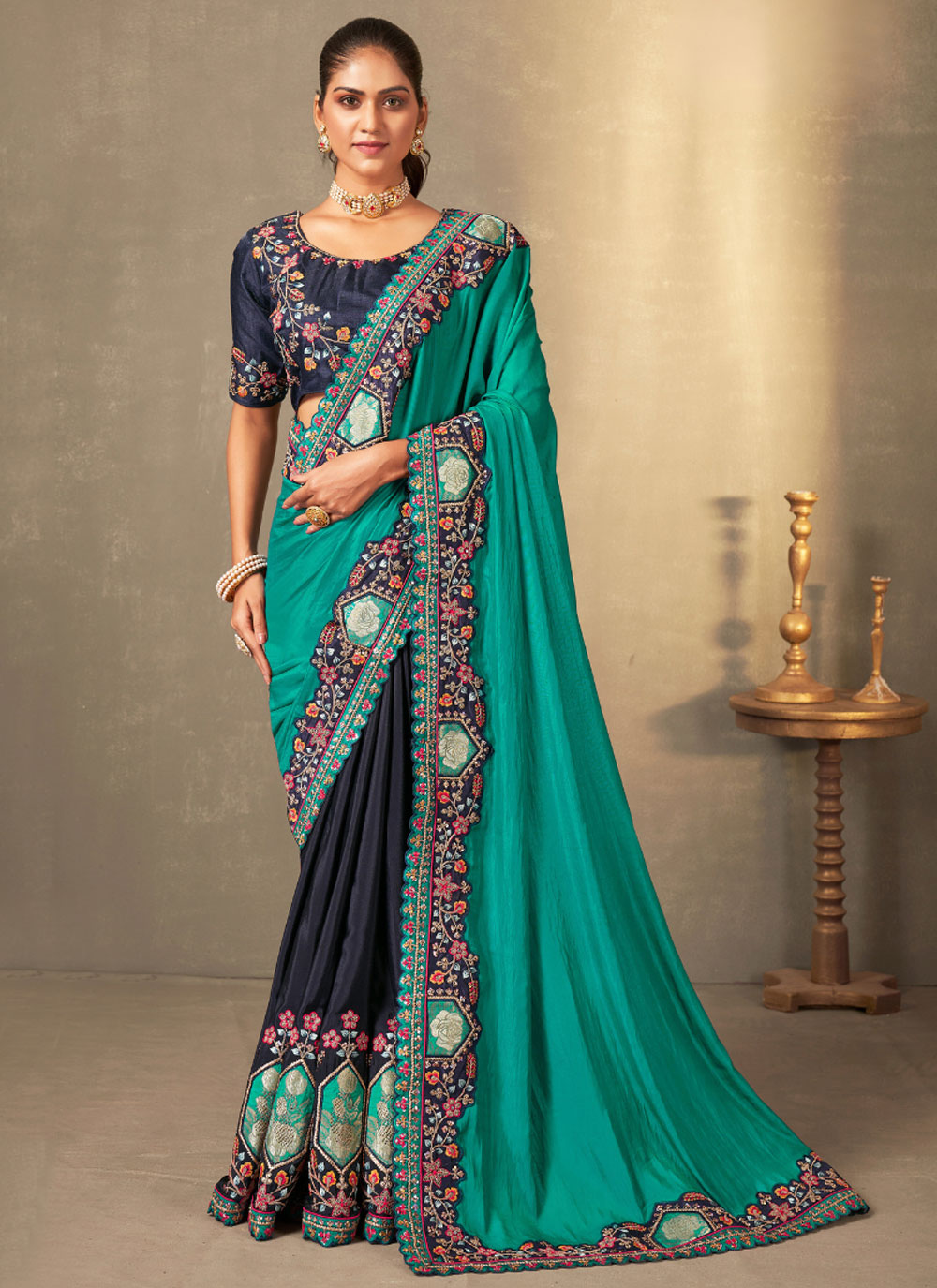 Shop Online Cut and Embroidered Work Silk Trendy Saree In Rama : 308113