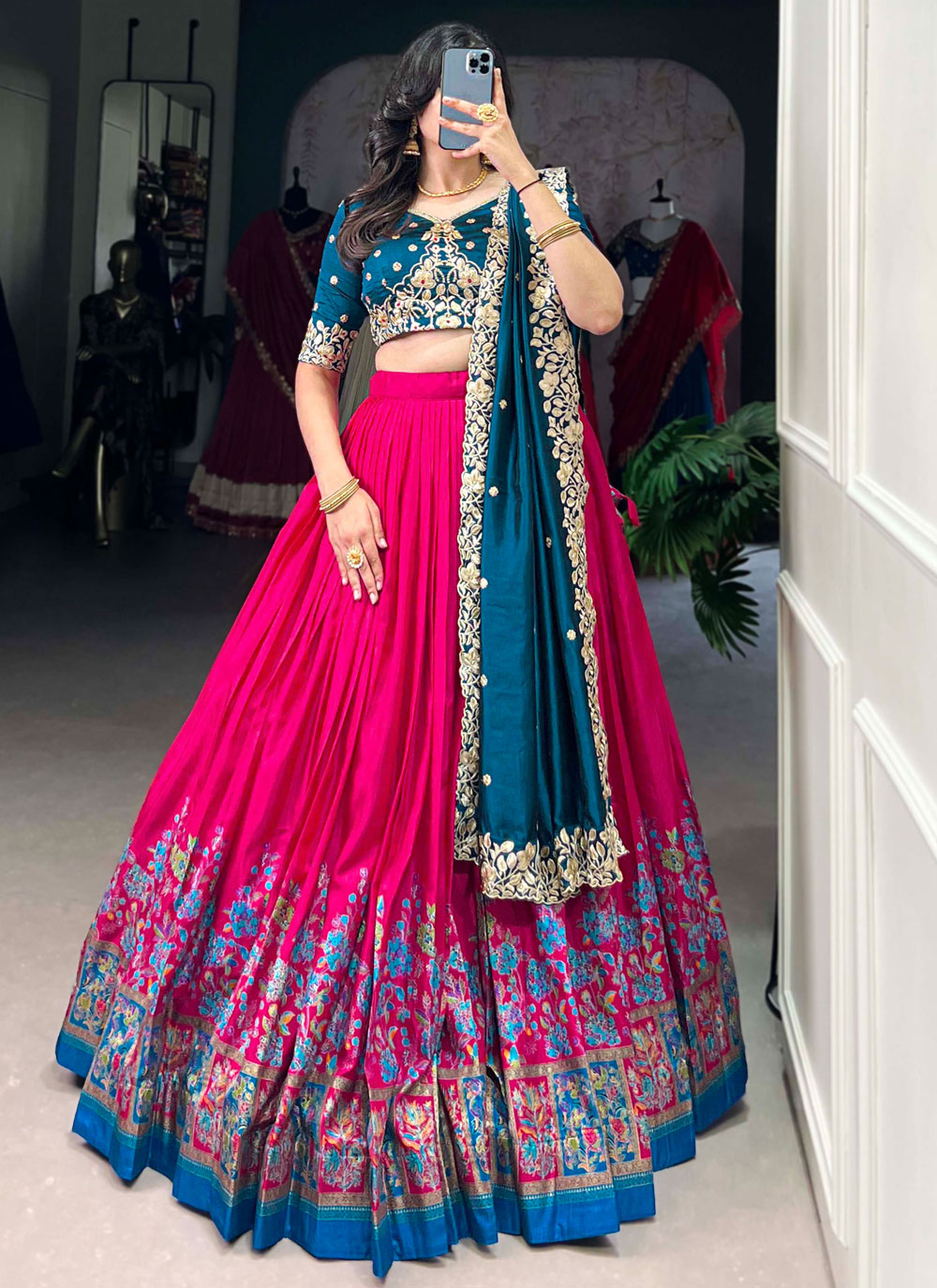 Shop Floral Patch and Foil Print Work Tussar Silk A - Line Lehenga ...