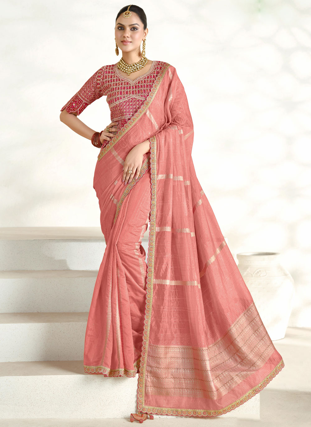 Buy Online Glitzy Peach Silk Contemporary Saree with Patch Border ...