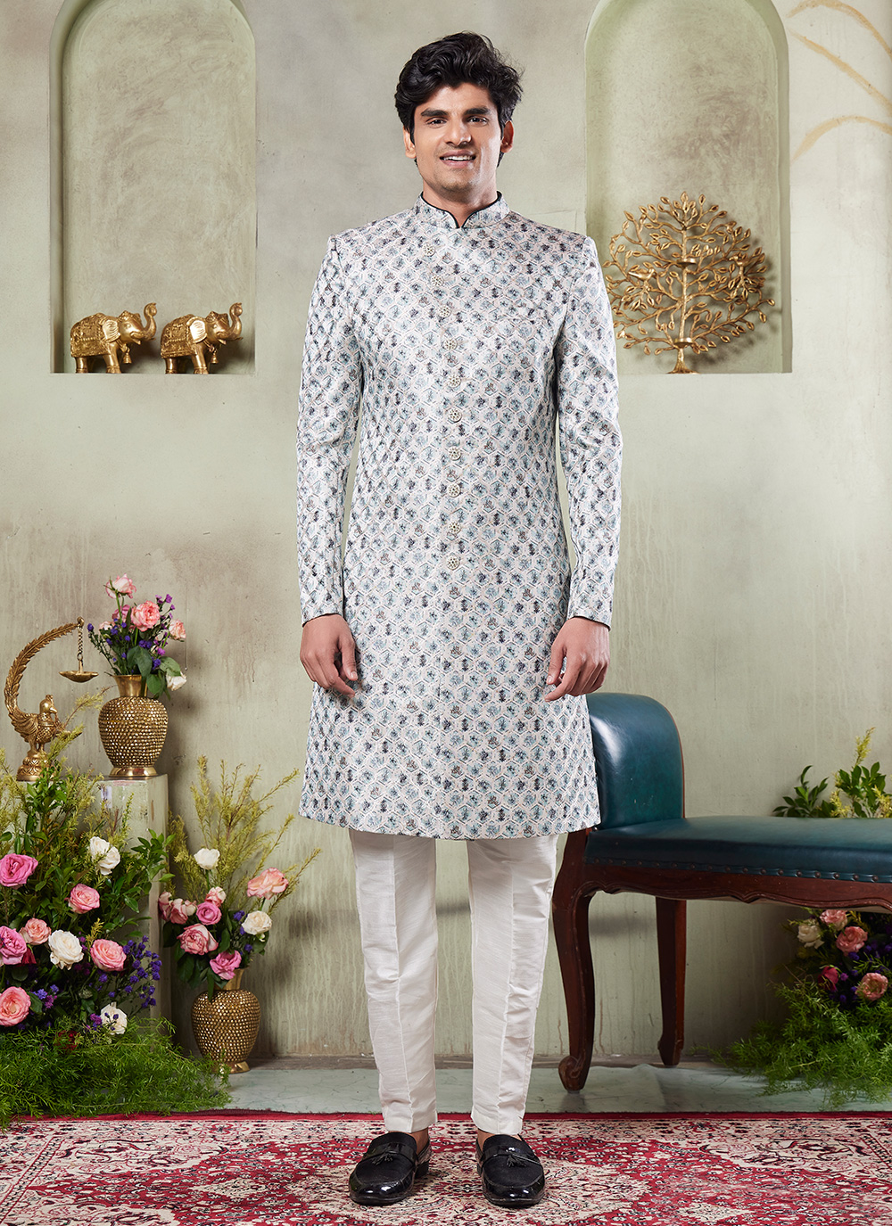 Buy Online Green and Grey Art Silk Sherwani Mens Wear with : 315642