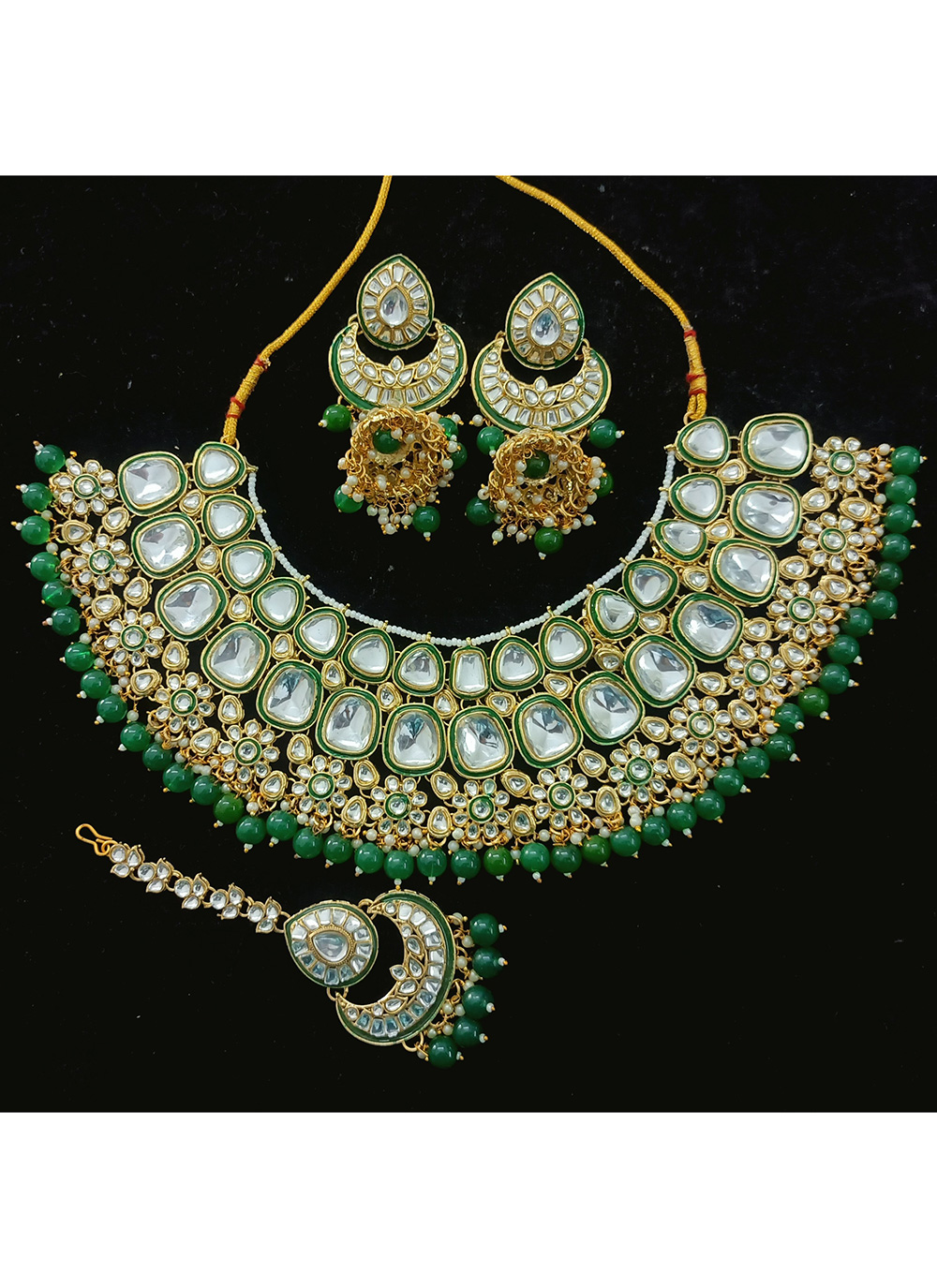 Shop Green Moti and Stone Work Jewellery Set Online : 309192