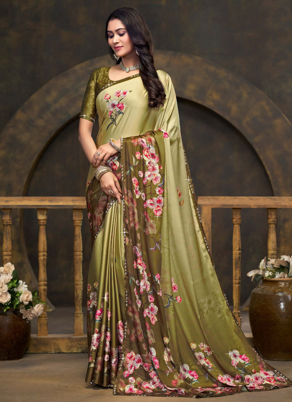 Buy Green Satin Silk Designer Saree with Online : 307692