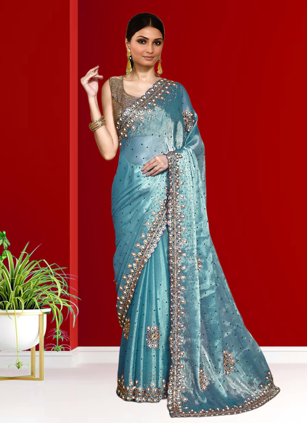 Hand Work JIMMY CHU Trendy Saree In Aqua Blue Buy Online
