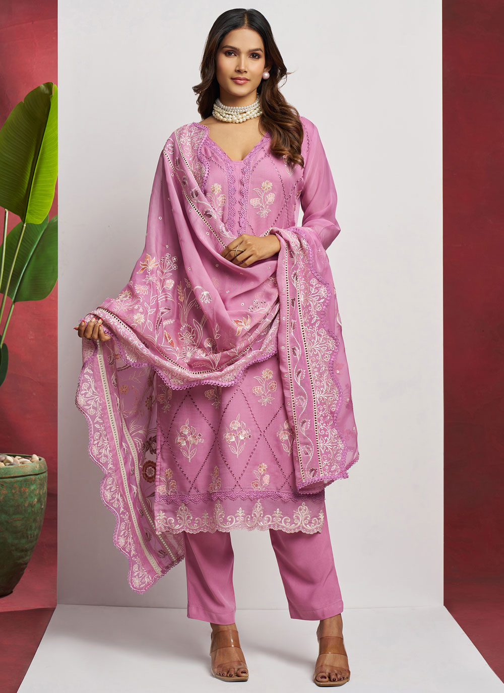 Lavender and Pink Organza Embroidered Work Pant Style Suit Buy Online