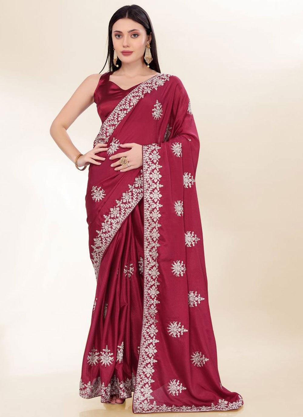Buy Maroon and Rani Embroidered Work Chinon Classic Saree Online