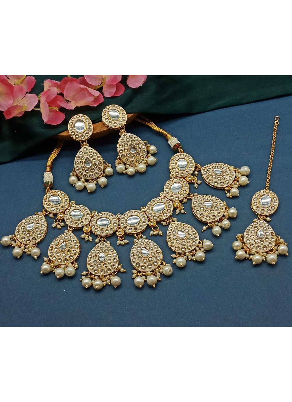Shop Off White Moti and Stone Work Jewellery Set Online : 309170