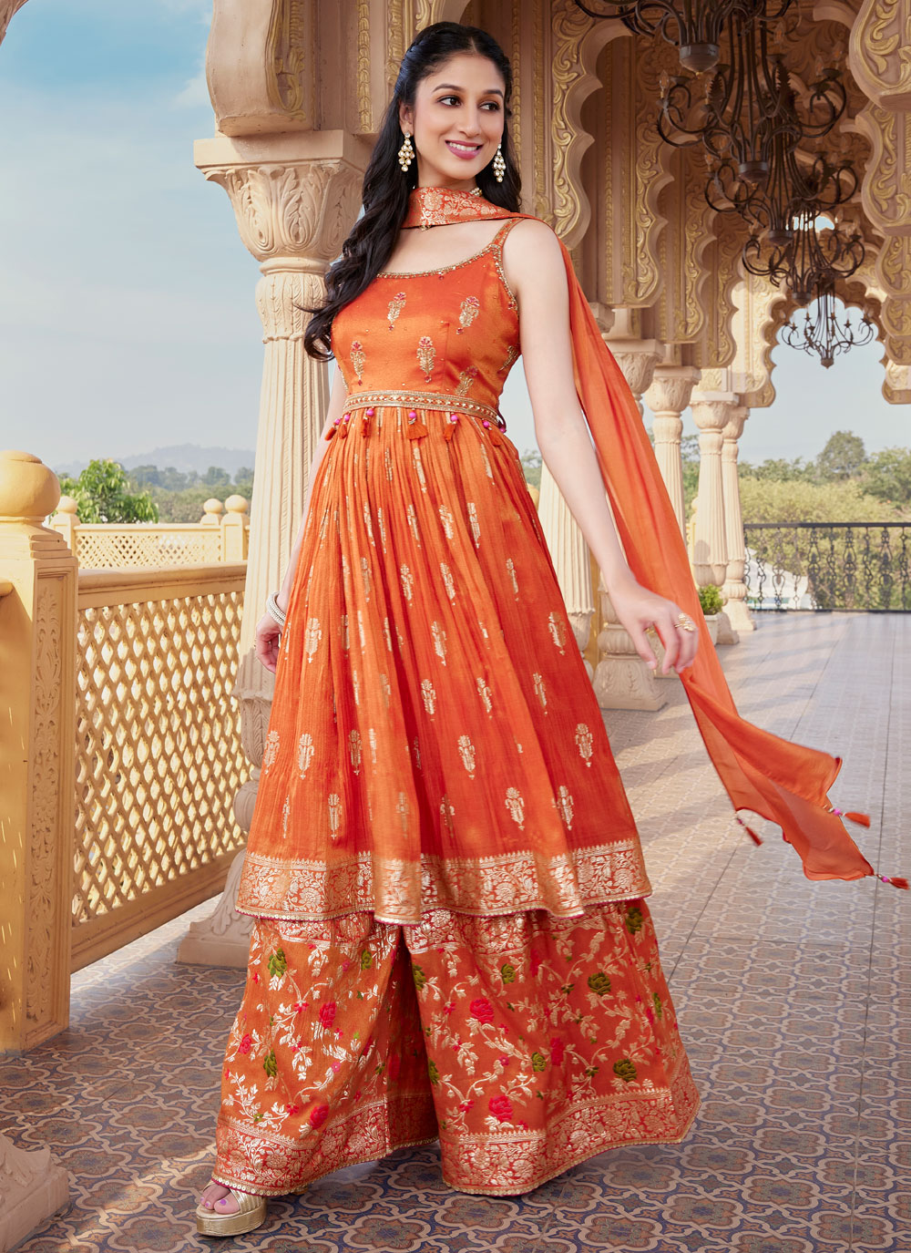 Buy Orange Silk Anarkali Suit : 307845
