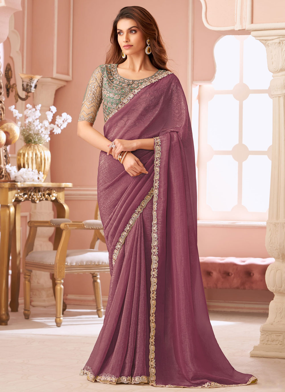Buy Pink and Rust Patch Border and Lace Work Georgette Classic Sari ...