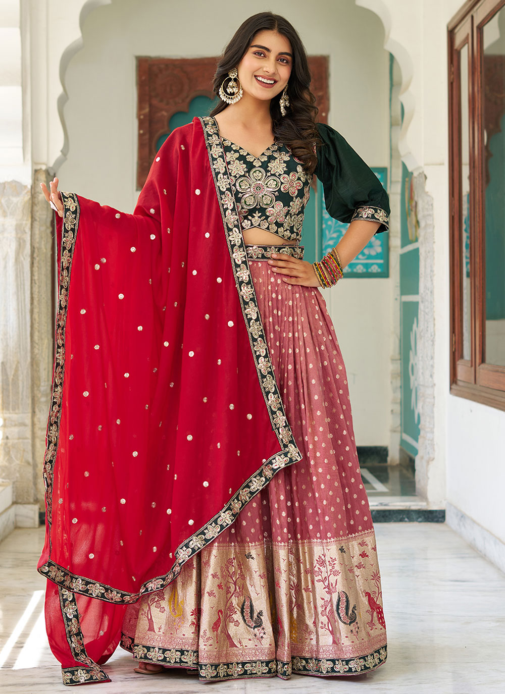 Buy Pink and Rust Shimmer Readymade Lehenga Choli with Weaving and Zari ...