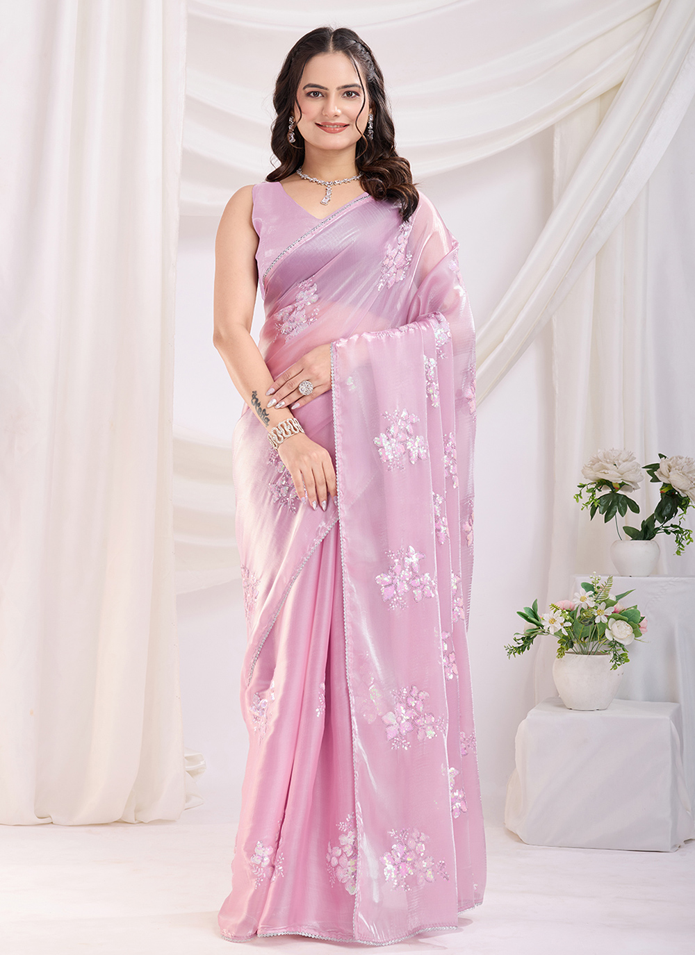 Buy Pink JIMMY CHU Classic Sari with Embroidered and Sequins Work Online