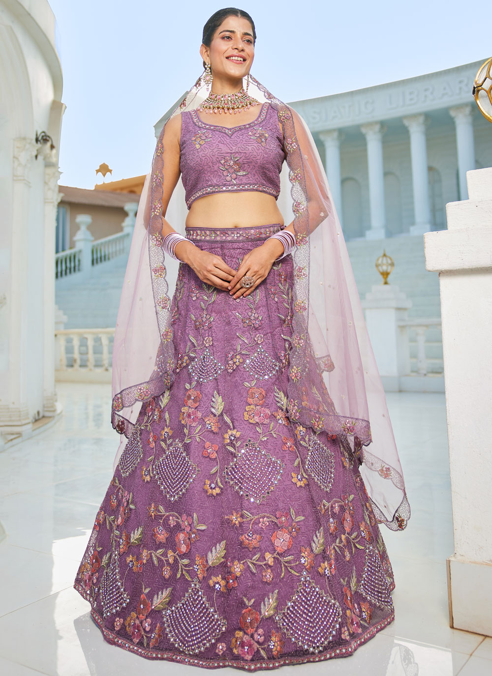 Buy Purple Net Beads and Embroidered Work Bollywood Replica Lehenga ...